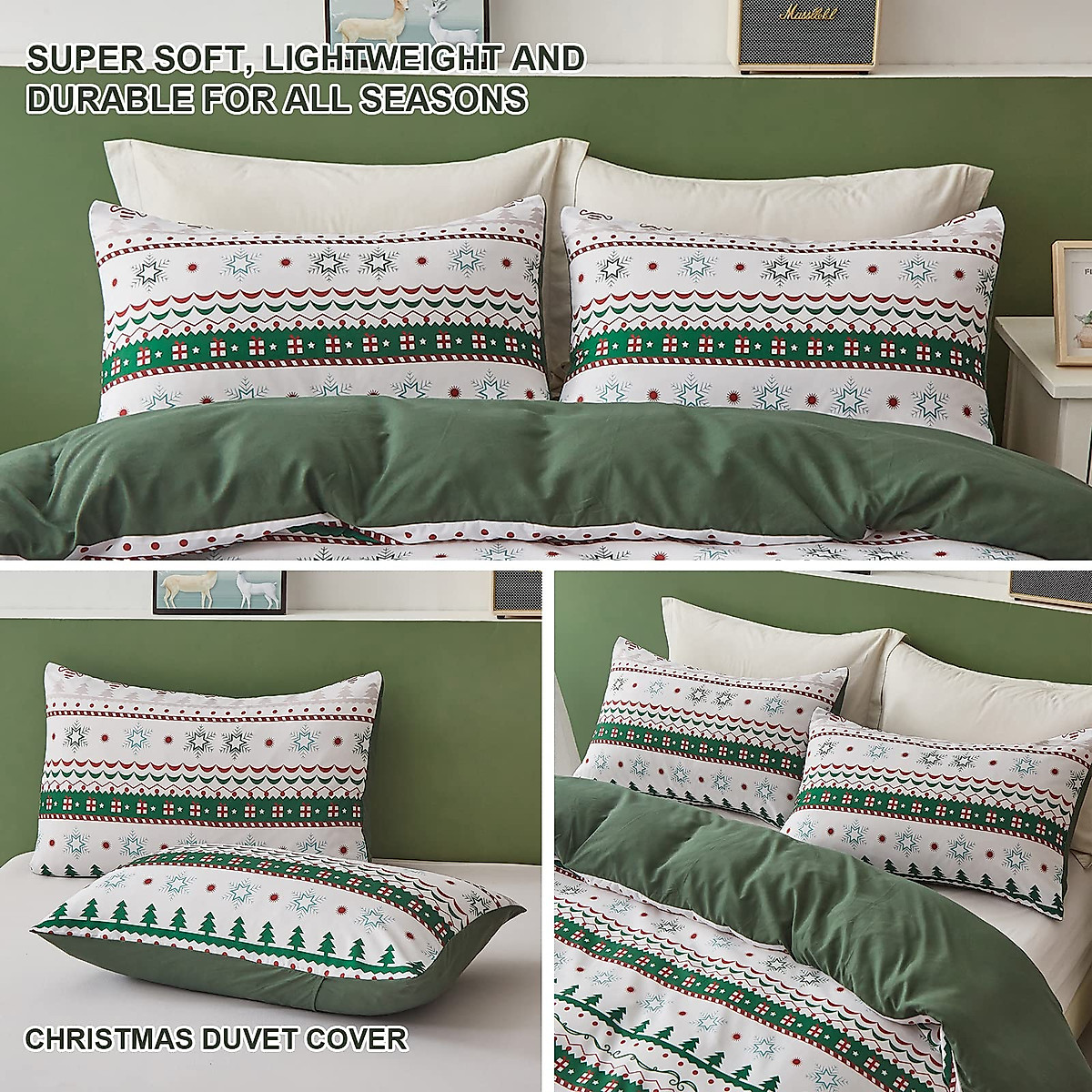 Cottolester Christmas Duvet Cover Queen Size Christmas Tree Snowflake Bedding Set Striped Duvet Cover Lightweight Soft Microfiber Bedding Set(Green,3PC)
