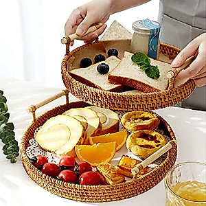 Dicunoy 3 Pack Rattan Basket Tray, Round Wicker Serving Baskets with Handles for Bread, Coffee Table, Decorative Woven Serving Tray for Vegetable, Snack (10", 9", 8")