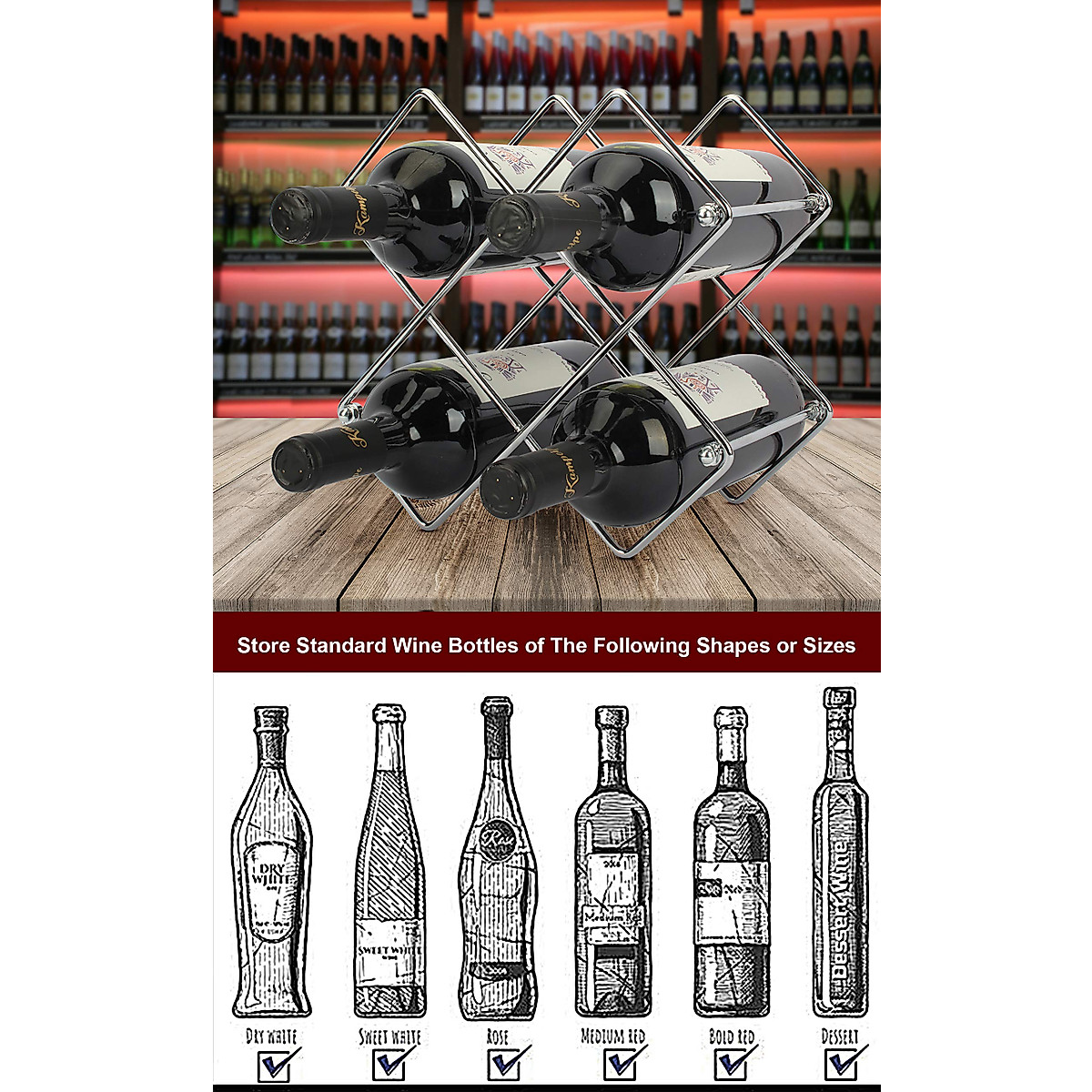 DreamiDeco Wine Rack Countertop Bottle Holder Freestanding Modern Shelf Cabinet Racks for Wine Bottles Wine Insert Storage Organizer for Pantry ,Wine Bar,Wine Decor (Silver)