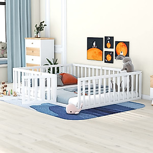 Harper & Bright Designs Queen Floor Bed with Rails, Wood Floor Bed Frame with Fence and Door, for Kids Girls Boys (White)