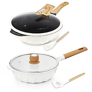 COOKLOVER Nonstick Induction Wok-12.6inch& 9.5 inch Nonstick Stir Fry Pan with Lid – White