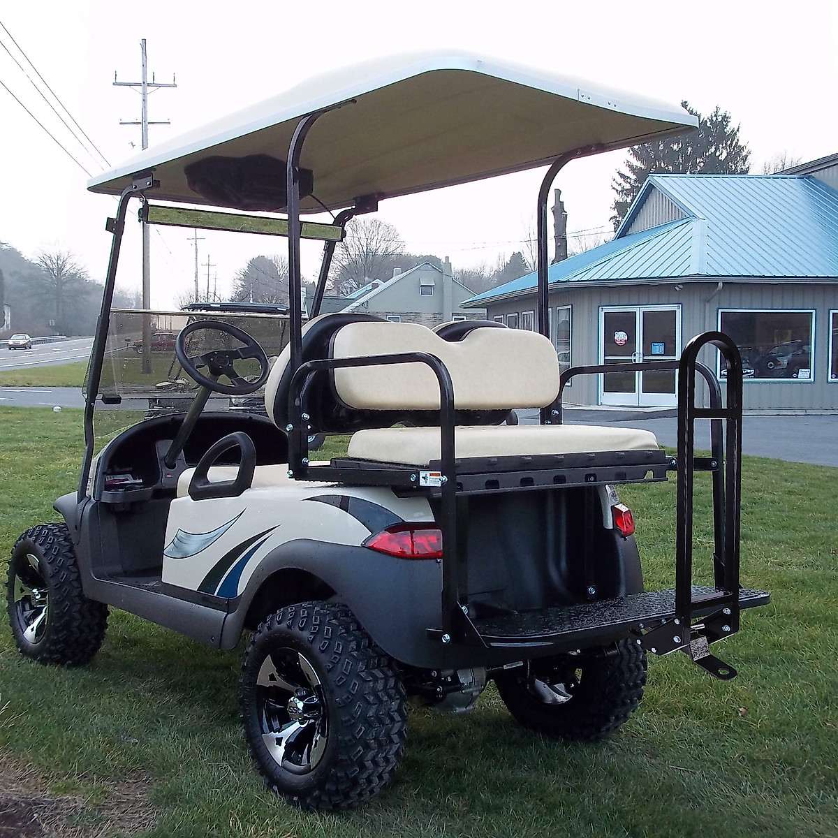 10L0L Universal Golf Cart Rear Seat Safety Grab Bar and Golf Cart Trailer Hitch with Safety Triangles Red Directive Design Fits Club Car, EZGO, Yamaha