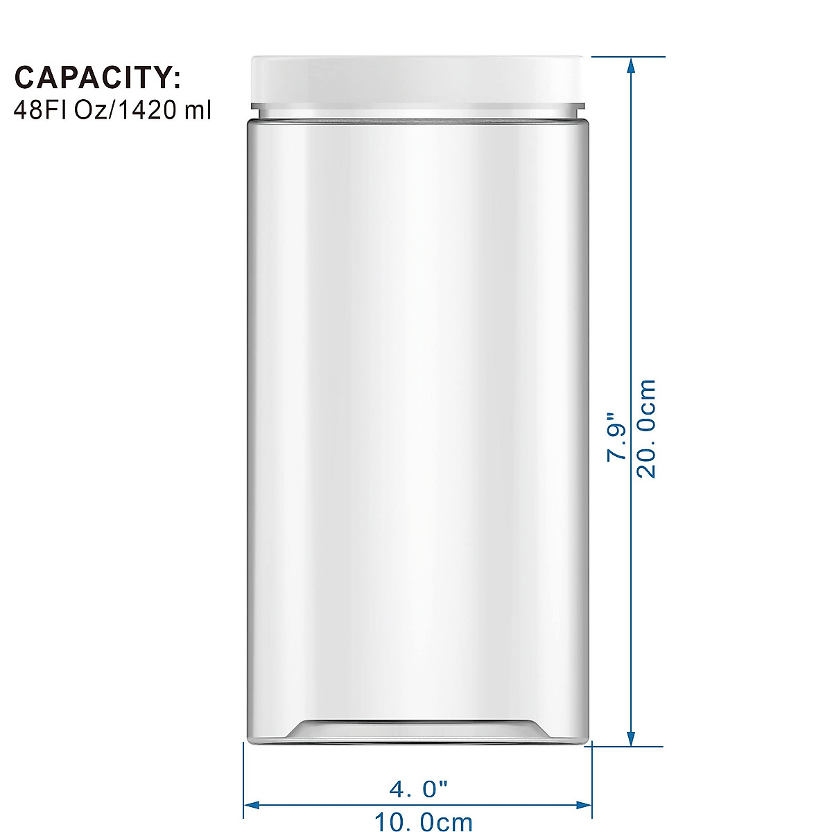 HoleviFO 48oz (1420 ml, 6 Pack) Clear Tall Plastic Jars with Smooth White Lids and Labels, Cylindrical Food Storage BPA Free PET Quart Size Canisters for Home & Kitchen Pantry Organization and Storage