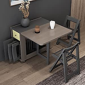FUNROLUX Folding Dining Table and 4 Piece Folding Chair Set Grey Extendable Dining Table Holds 4 Chairs with Storage Rack and 2 Drawers