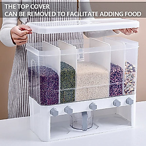 DYRABREST Dry Food Dispensers, 5-Grid Rice Dispensers, 33 Lbs Capacity Wall Mounted Grain Dispenser Food Storage Container/Rice Storage Container with Cup and Removable Dividers for Kitchen Storage