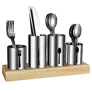 Silverware Holder,HBlife Utensil Holder with Caddy Silverware Container for Spoons ,Knives ,Forks Silverware Display Organizer Kitchen Dinner Table,Stainless Steel with Bamboo Wood Base