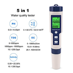 PH Meter EZ-9909 5 in 1 Function Digital PH Meter Water Quality Testing Meter PH Salinity TDS EC Tester with Backlight for Water