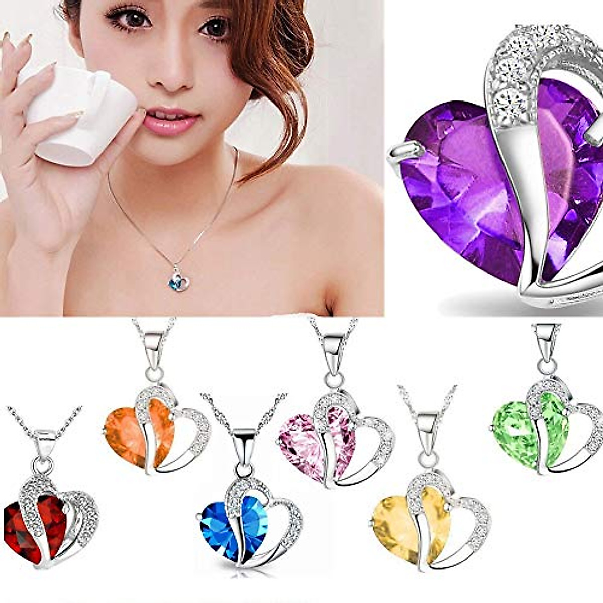 Lutos Heart Silver Plated Crystal Diamond Gem Pendant Hollow Silver Chain Necklace Shinning Jewelry for Girl Women