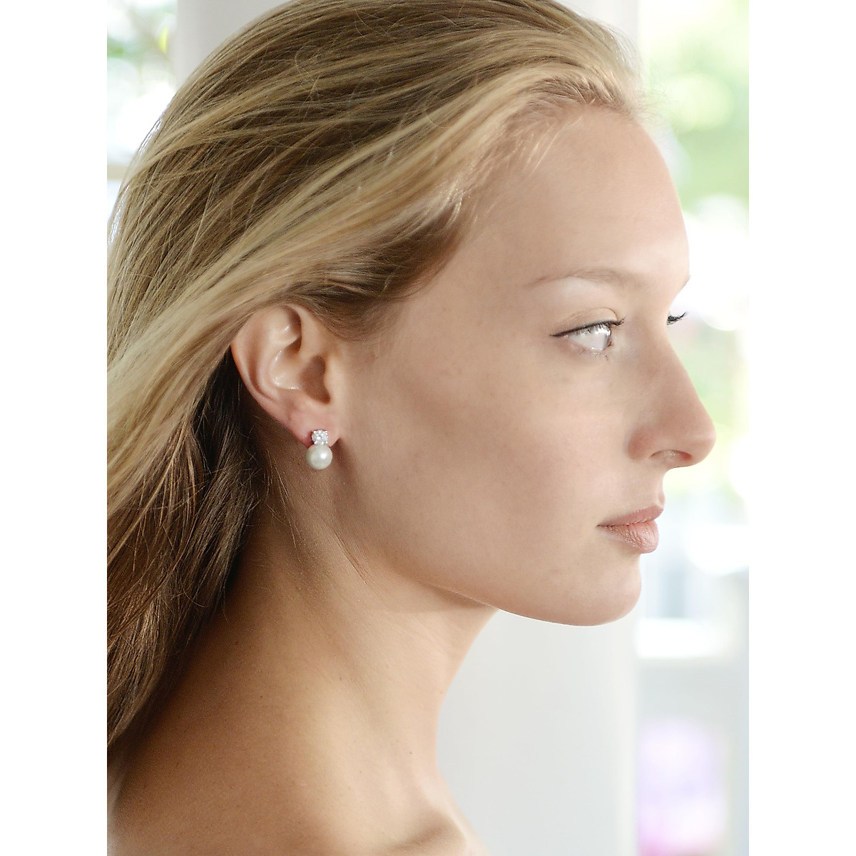 Mariell White Pearl Bridal Earrings with Cubic Zirconia Crystal Top, 9mm White Pearl Stud Earring, Perfect for Brides, Bridesmaids, Wedding Party and Everyday Wear