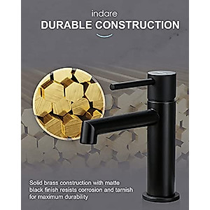 Bathroom Faucet, Indare Single Hole Brass Matte Black Bathroom Faucet with Pop-up Sink Drain Assembly and Faucet Supply Hose