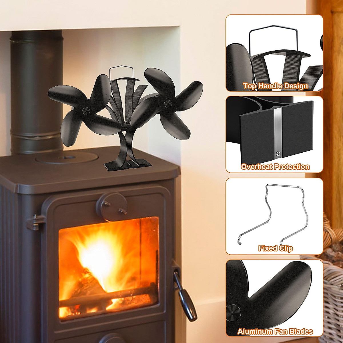 foedo Wood Stove Fan，Heat Powered Stove Fan for Heater/Wood/Pellet/Fireplace, Upgrade Dual Motors 8-Blade, Efficiently Circulate Warm Air(compatible with for Mr Buddy heaters)