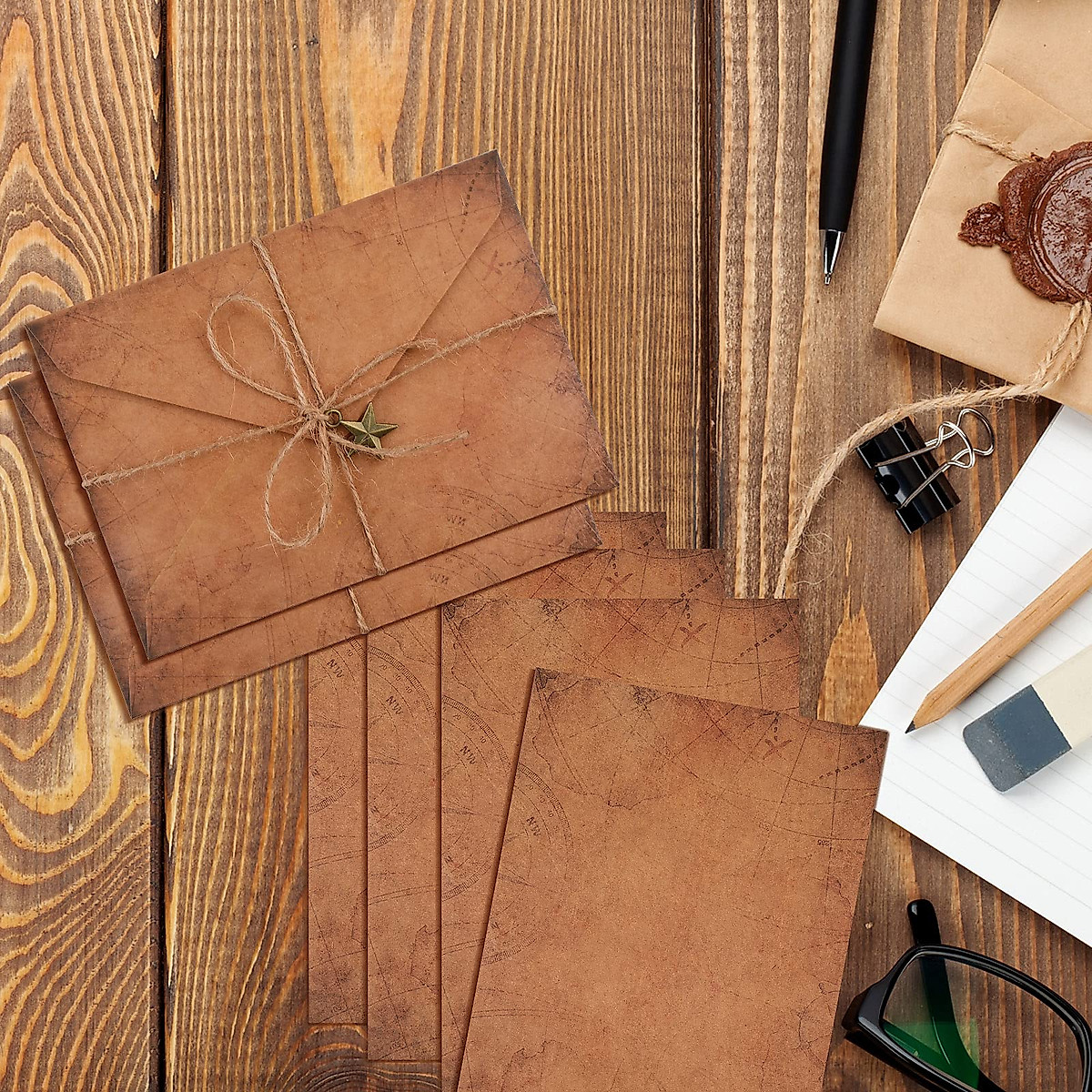 Vintage Stationary Paper and Envelopes Set, Writing Stationery Paper Letter and Envelopes Includes Sheets Antique Letter Papers, Kraft Envelopes, Retro Accessories, Rope (60 Pieces)