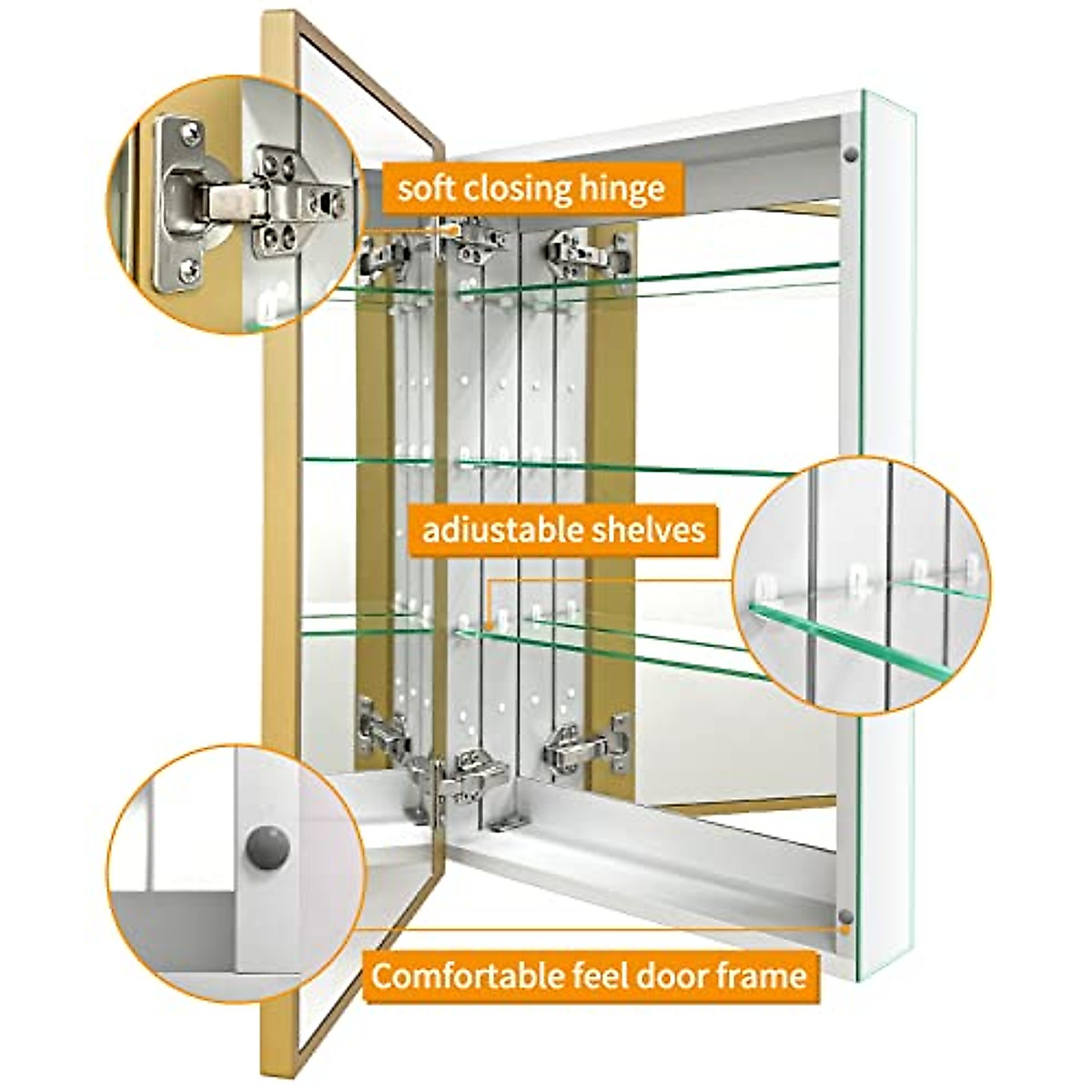 FOMAYKO Aluminum Bathroom Medicine Cabinet with Farmhouse Gold Framed 16x26 Inches Recess or Surface Mount Mirror Cabinet for Bathroom Toilet Kitchen