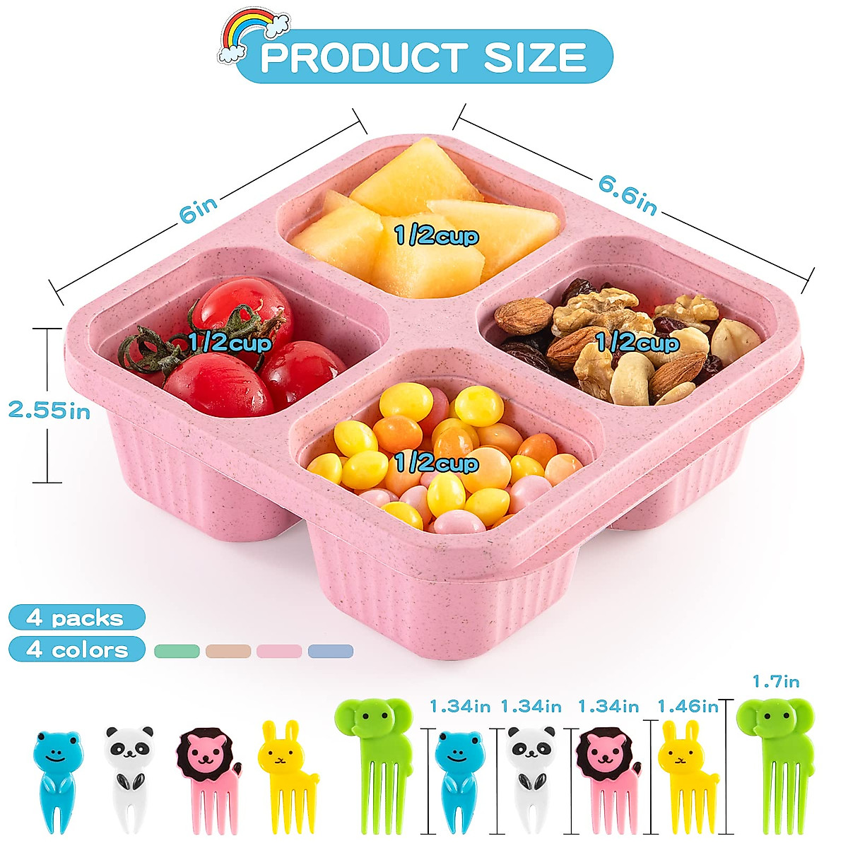 T TRIPLOG Bento Snack Boxes, Reusable 4 Compartments Food Containers for School, Work and Travel, Stackable Set of 4
