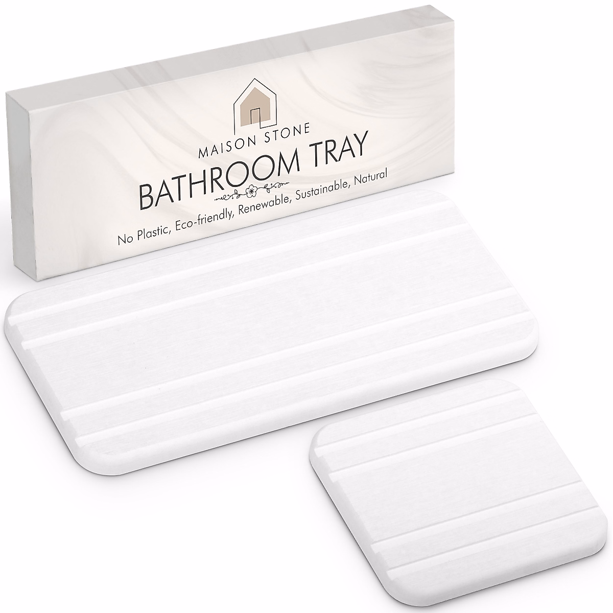 Maison Stone Bathroom Tray w/Bonus Vanity Tray. Absorbent Bathroom Trays for Counter. Multipurpose 8x4 Countertop Tray. Perfume Tray. Kitchen Soap Tray. Time Saving Bathroom Counter Tray.