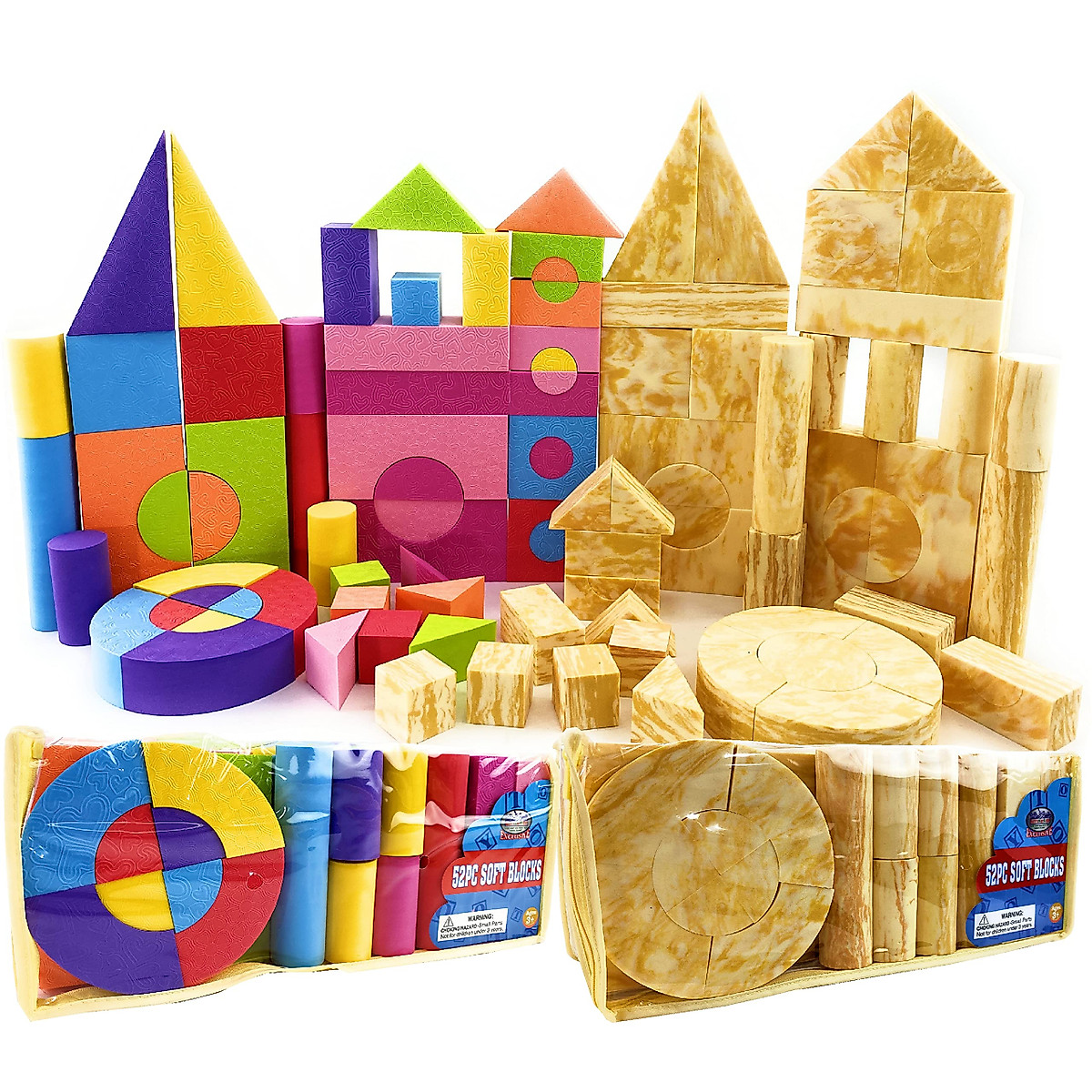 Matty's Toy Stop Deluxe EVA Soft Foam Colorful Building Blocks (52 PCS) & Wood Grain Soft Building Blocks (52 PCS) Gift Set Bundle with Carry Cases - 2 Pack (104 PCS Total)