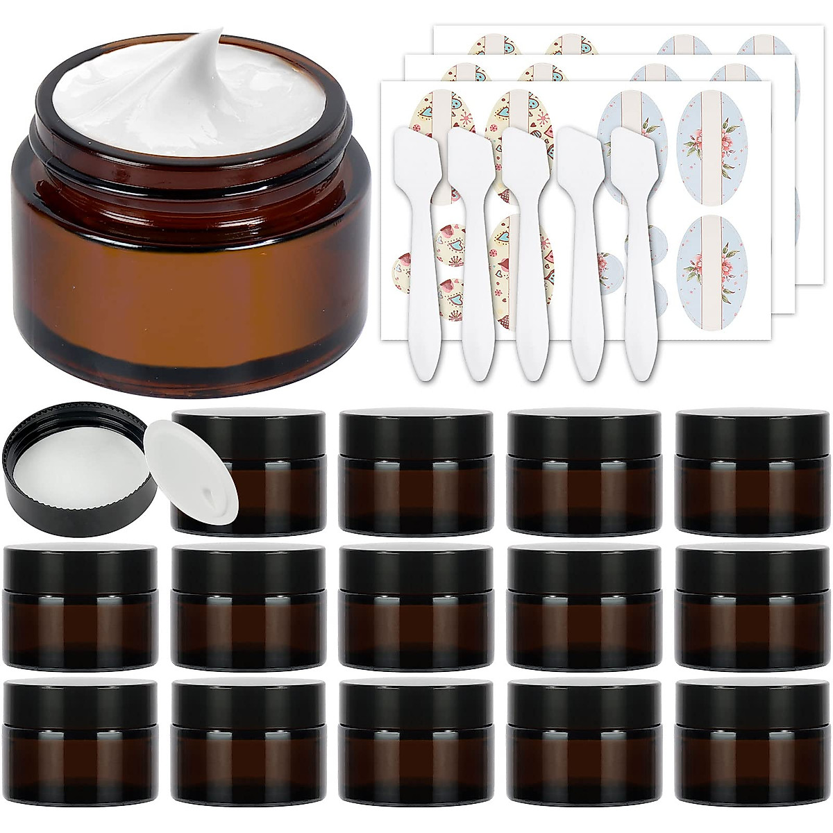 15 Pack 1 oz Empty Amber Glass Jars, 30ml Round Refillable Cosmetic Container Storage Jars with Inner Liners and Black Lids,Perfect Travel Jars for Cosmetics,Face Cream Lotion and More Beauty Products