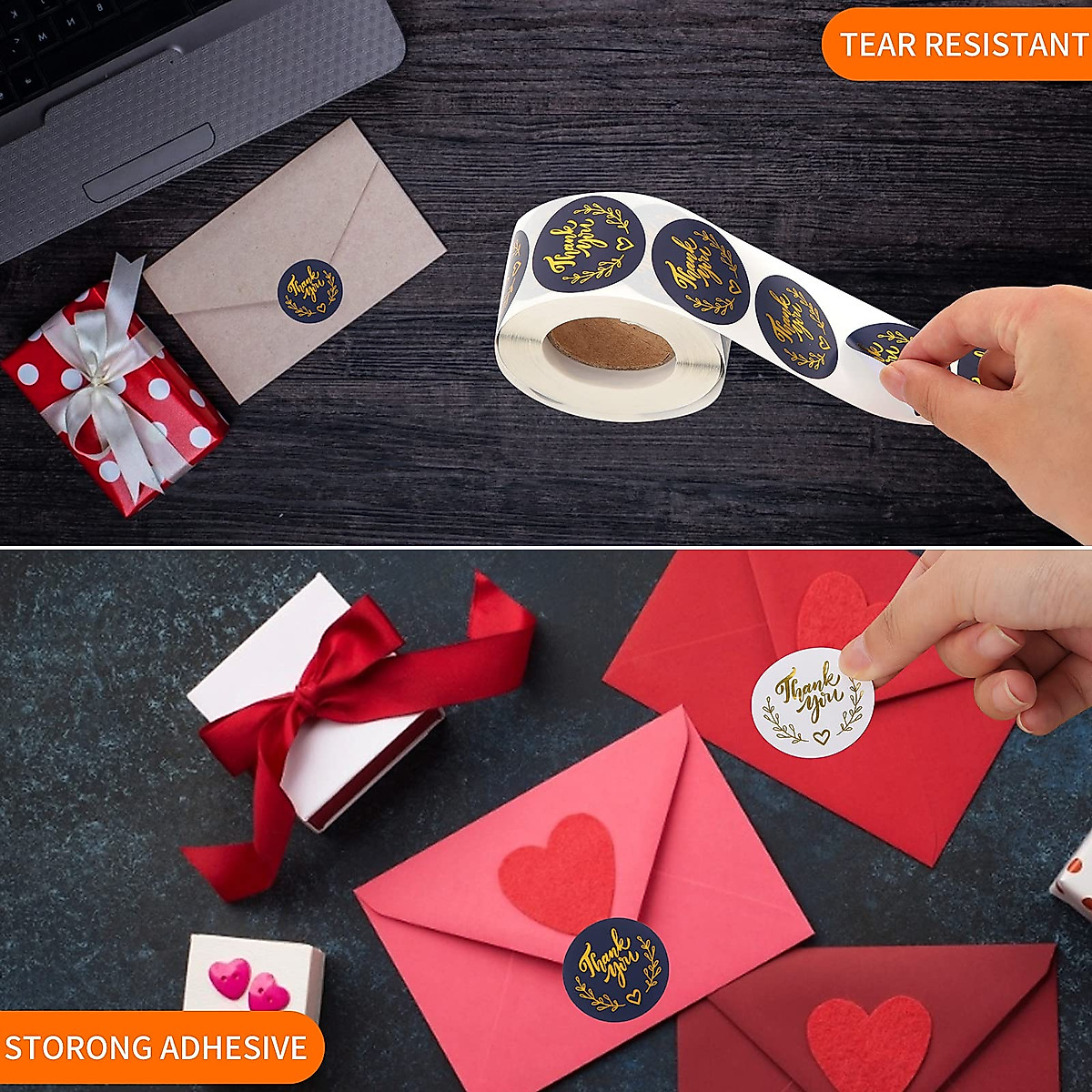 Thank You Stickers, 2 Rolls of 1000, 1.5 Inches in Diameter, Rose Gold Fonts, White/Blue Waterproof Thank You Stickers for Seal and Decorate Bags, Envelopes, Boxes, Greeting Cards, Gifts, Crafts