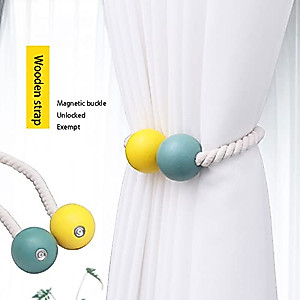2 Pack,Curtain Rope Ties,Magnetic Curtain Tiebacks,Wooden Magnetic Curtain Tiebacks Pair, Magnetic Curtain Tie Backs for Home, Office, Window Accessories- Blue and Yellow||40cm