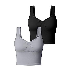 OQQ Women's 2 Piece Tank Shirt Seamless Workout Exercise Padded Sports Yoga Crop Bra, Black,grey, Medium