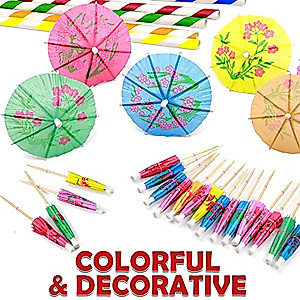 Cocktail Drink Accessories 300pcs – 100 Drink Umbrellas, 100 Bamboo Knotted Picks, 100 Paper Straws by DEMIGO, Great for Drinks & Appetizers, Hawaiian and Pool Parties