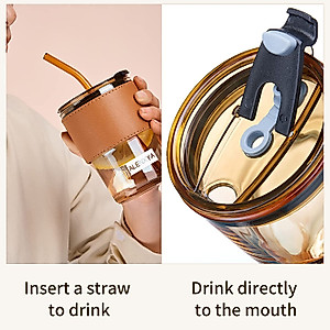 Glass Water Bottles,15oz Glass Tumbler Wide Mouth Mason Jar with Lid and Straw,2 Drinking Ports Aesthetic Cups,Reusable Drinking Jars for Tea, Beer,Iced Coffee,Honey,smoothies,Juice etc (Amber)