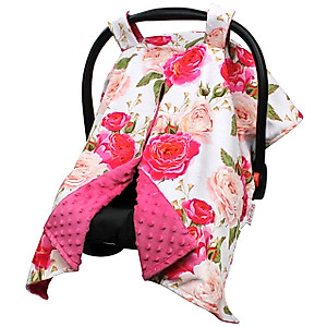 Baby Car Seat Canopy Cover - Hot Pink on White Roses