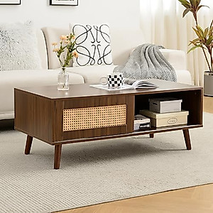 Ganooly Mid Century Modern Coffee Table with Storage, 43.3 Inch Rectangle Wooden Accent Center Table with Sliding PE Rattan Woven Door Panel and Solid Wood Legs, Suitable for Living Room, Apartment