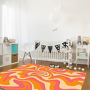 2' x 3' Area Rug, Orange Pink Non-Skid Rubber Backing Large Rectangle Rugs - Living Room Bedroom Home Office Modern Moire Geometric Abstract Art Indoor Floor Mat Carpets