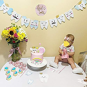 Aduck Baby Shower Decorations Tooth Party Banner for Boys or Girls Birthday Party, 10 Different Smilling Tooth Angel Deisgn with Cute Mustache, Cloud and Crown.