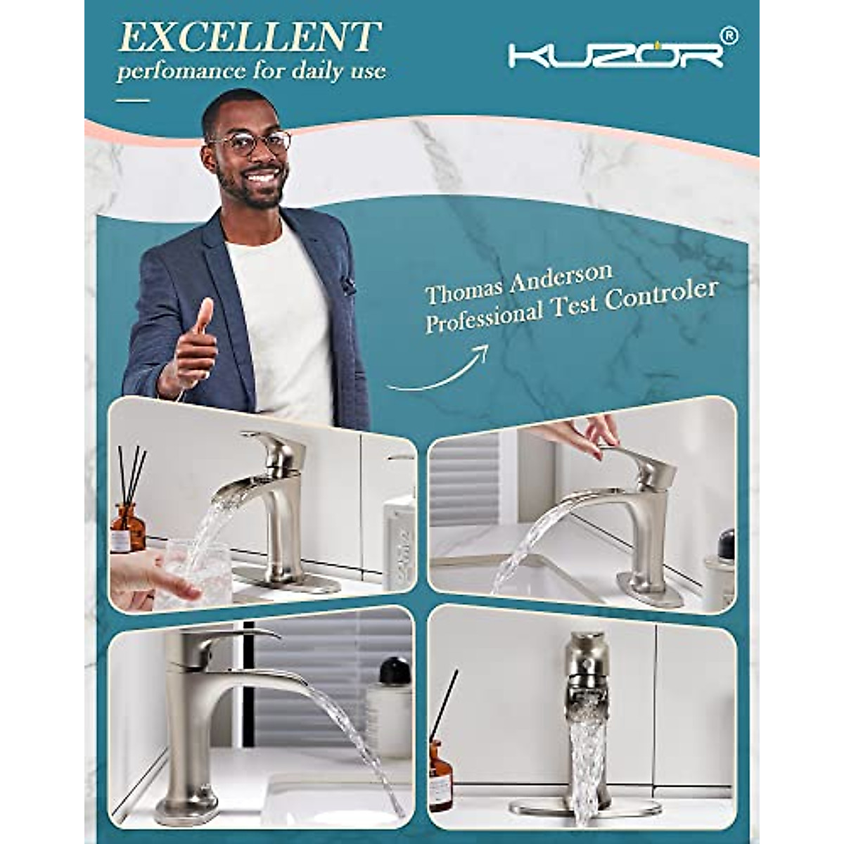 KUZOR Single Hole Bathroom Faucets Brushed Nickel, Waterfall One Hole Bathroom Faucet with Metal Pop Up Drain, Solid Brass Faucet for Bathroom Sink, Brush Nickel