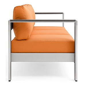Modway Shore Aluminum Metal Outdoor Patio Sofa With Silver Orange All-Weather Cushions