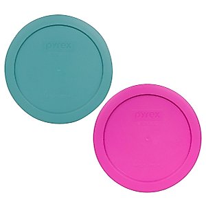 Pyrex 7201-PC 4 Cup (1) Turquoise & (1) Pink Round Plastic Storage Lid, Made in USA