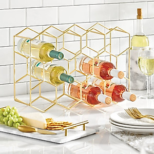 mDesign Metal Hexagon 3-Tier Wine Rack - Minimalist Bottle Holder for Kitchen Countertop, Pantry, or Refrigerator Space - Wine, Beer, Pop/Soda, Water Bottles, and Juice - Holds 11 Bottles - Soft Brass