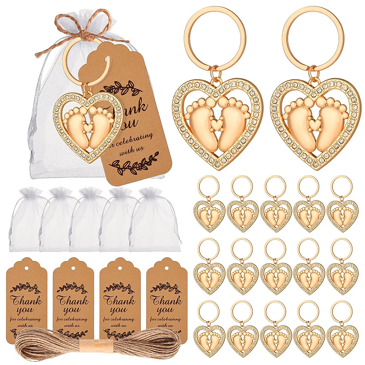24 Pieces of Caring Foot Design Keychain and Keyring Favored for Baby Showers and Weddings, Party Gifts, Souvenirs or Decorations, with Labels and Silk Bags