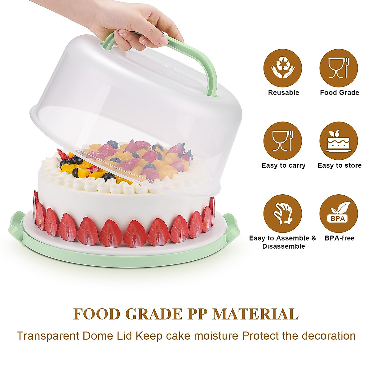 Cake Carrier with Lid and Handle, Cake Stand Cupcake Containers for 10 inch Cake with 2 Handles Cupcake Holder, 3 in 1 Transport Container Boxes for Cake Pie Muffin Pizza，Green Portable Cake Carriers