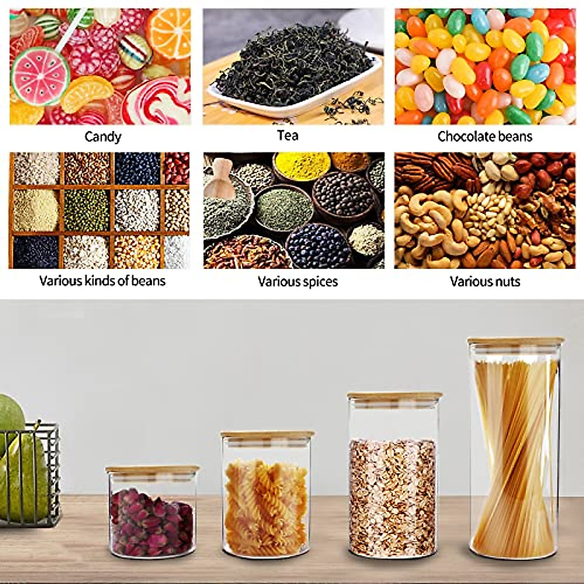 SIXAQUAE Glass Food Storage Containers Jar Seal Bamboo Lids 2 Packs 600ml Airtight Canister Organization Sets Stackable