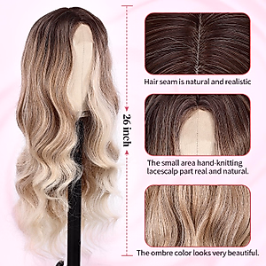 Sodfey Long Brown Mixed Blonde Wavy Wig for Women Middle Part Curly Wavy Wig Natural Looking Heat Resistant Fiber Synthetic Wig for Daily Party Use (26in, R2/6/26)