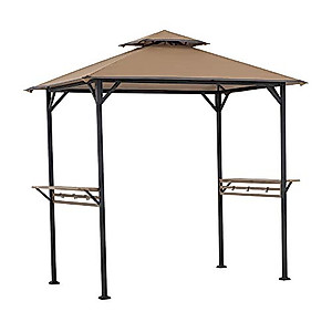 Sunjoy 5 x 8 ft Grill Gazebo with Double Tiered Canopy Roof, Black Steel Frame Grill Gazebo for Outdoor, Patio, Garden, and Backyard Activities, Khaki