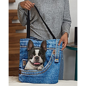 IZI POD NAZENTI Personalized Boston Terrier In Pocket Tote Bag - Custom Print Two Side Tote Bags with Name, Gift for Dog Mom, Women Bag Shoulder, Tote Grocery, Gift for Dog Lover, Girl Handbag