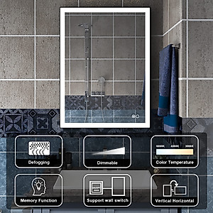 WELLFOR 24W x 32L Wall-Mounted Framed Bathroom Vanity Mirror, Smart Mirror W/Lights for Bathroom Hotel, Led Mirror Includes Dimmer Defogger, Vertical/Horizontal Installation, Rectangle, Matte Black