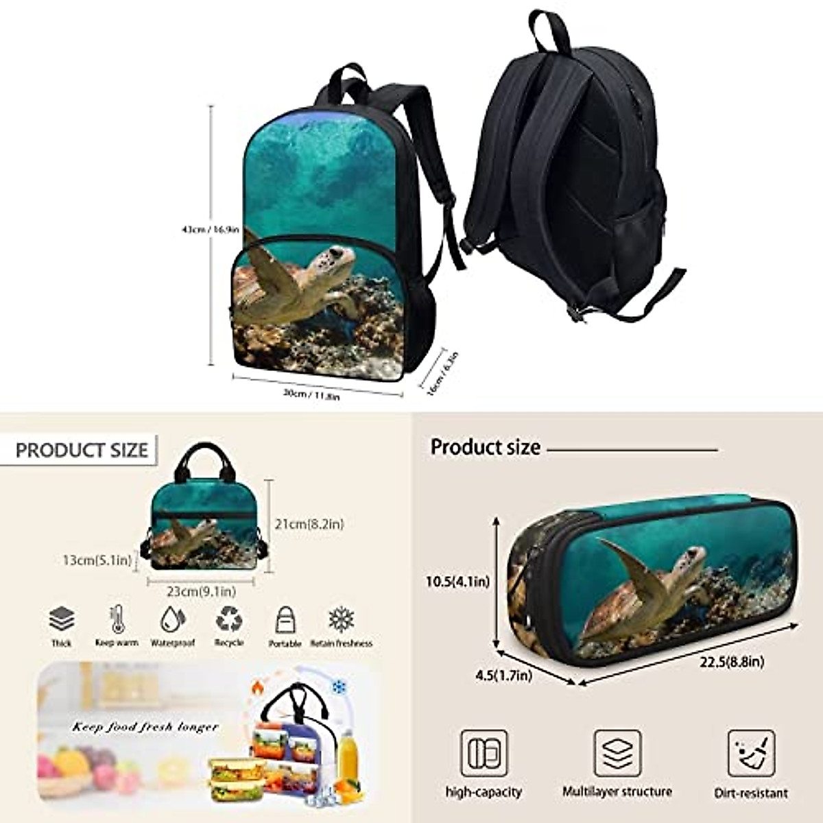 AmzPrint Sea Turtle Backpack With Lunch Box For Girls Boys Kids For Preschool Elementary Middle School Backpack Set