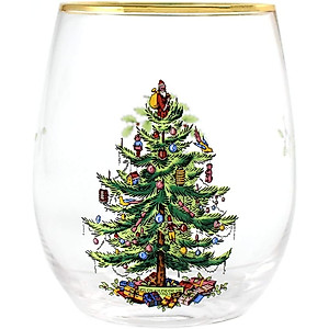Spode Christmas Tree Glassware - Set of 4 -Made of Glass – Gold Rim- Classic Drinkware - Gift for Christmas, Holidays, or Wedding - Drinking Glasses (Stemless Wine Glasses)