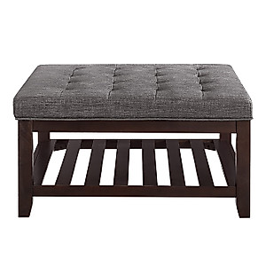24KF Large Square Upholstered Tufted Linen Ottoman Coffee Table, Large Footrest Ottoman with Solid Wood Shelf-Dark Gray