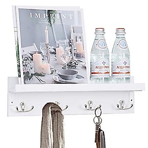Hoanvi Floating Shelves with 8 Hooks for Bathroom Coat Rack, Wood Wall Key Holder Hooks Storage for Photo Ledge Display, Wall Mount Shelf Organizer for Kitchen Spice Rack, Entryway Decor. (White)