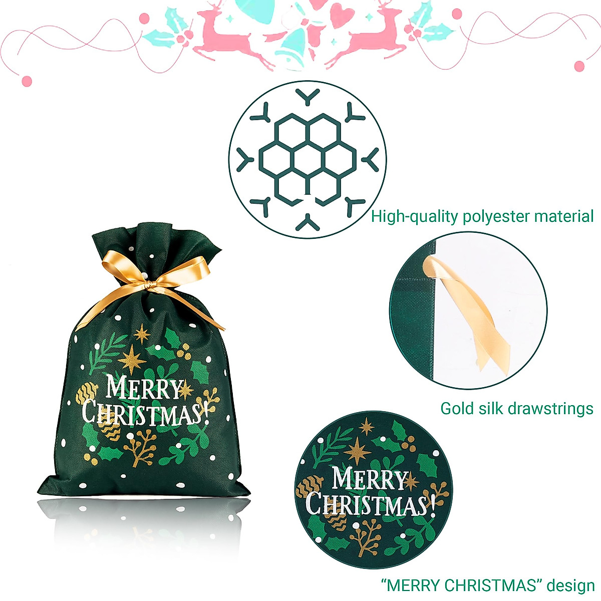 OYATON Christmas Drawstring Gift Bags, Fabric Reusable Christmas Gift Wrap Bags Set of 6, Cloth Gift Bags with Ribbon Drawstring for Christmas Gifts, 12" L x 18" H