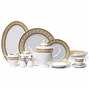 Euro Porcelain 57-pc Banquet Dinnerware Set Gold Greek Key - Luxury Tableware Dining Service for 8