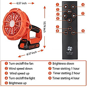 WaxPar Outdoor Fan For black decker Fan Cordless Jobsite Fan, USB Floor Fan Industrial fan with Light Compatible with black decker 14.4-20V Li-Ion Battery, Remote, 3 Modes, Timer