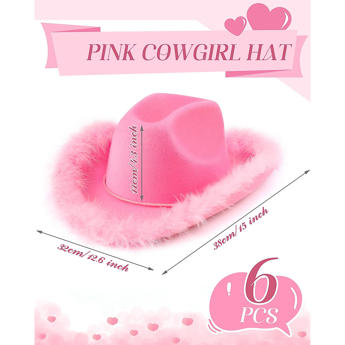 Tarpop 6 Pack Cowboy Hat Boa Cowgirl Hat Felt Cowboy Hat with Feather for Women Girl Western Party Costume Accessories(Pink)