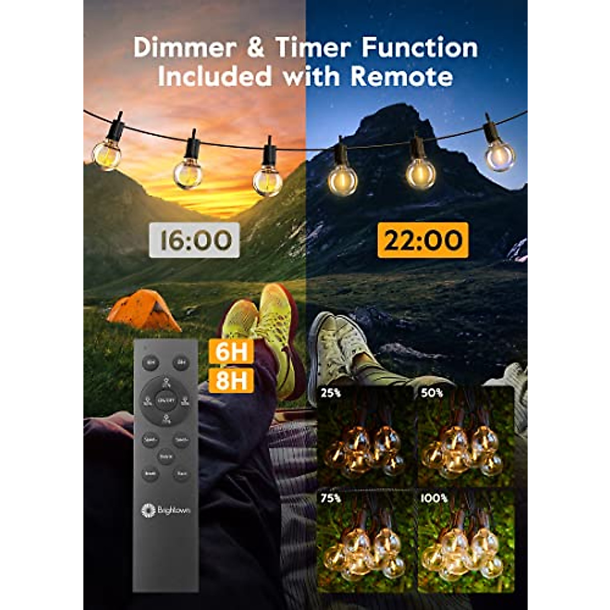 Brightown Outdoor Led String Lights with Remote108Ft(98+10) Patio Lights for Outside with 52 Shatterproof Bulbs(2 Spare), Waterproof Hanging Lights for Backyard Bistro Garden Cafe, E12 Socket